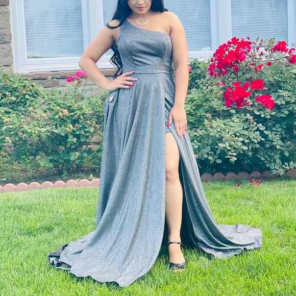 Dresses | One Offshoulder Shiny Grey Prom Dress | Poshmark